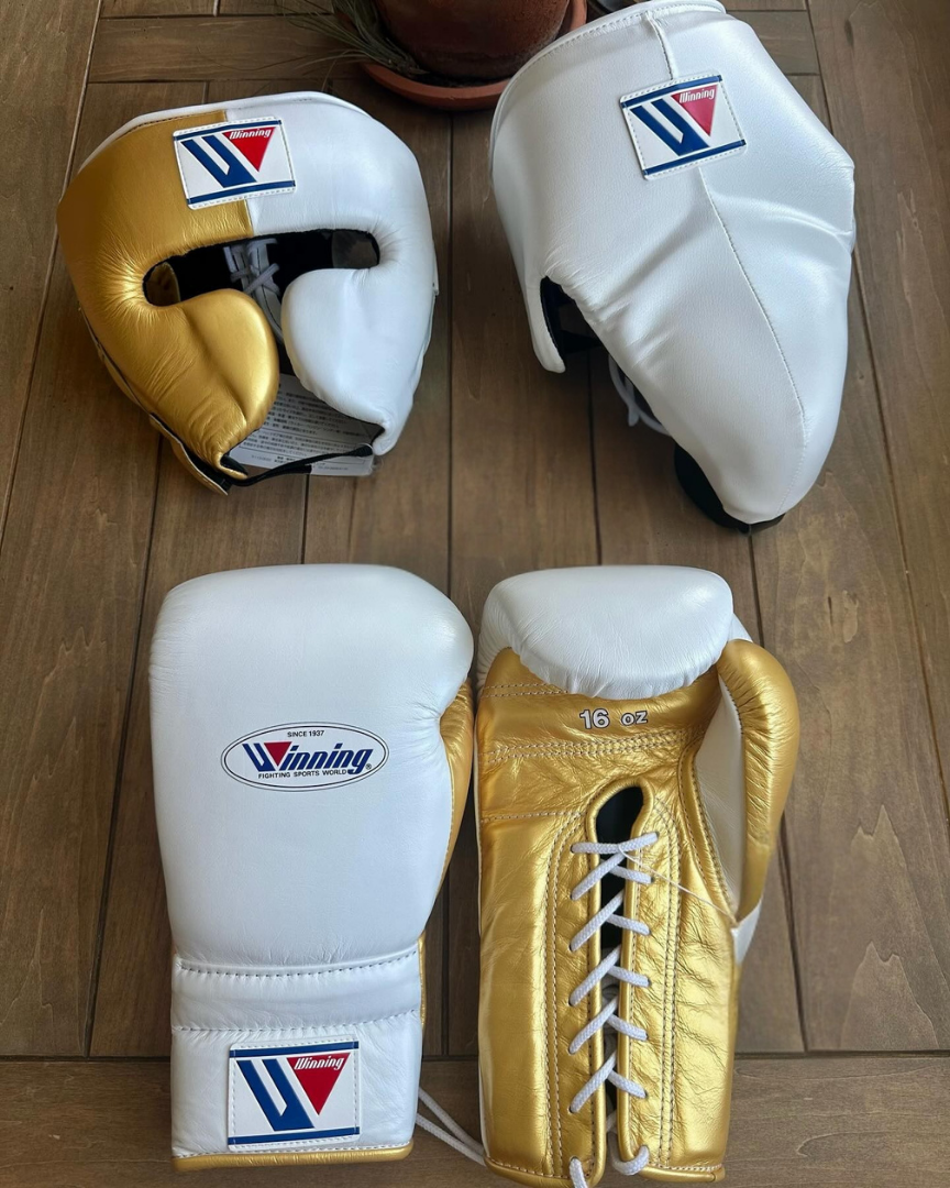 Winning White/Gold Boxing Gloves set | Customizable winning Headguard ...