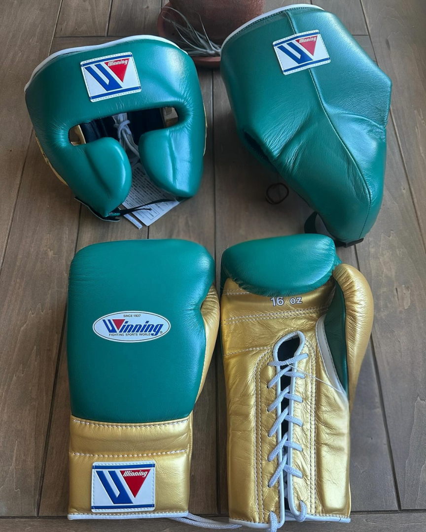 Winning Green/Gold Boxing Gloves set | Customizable winning Headguard ...