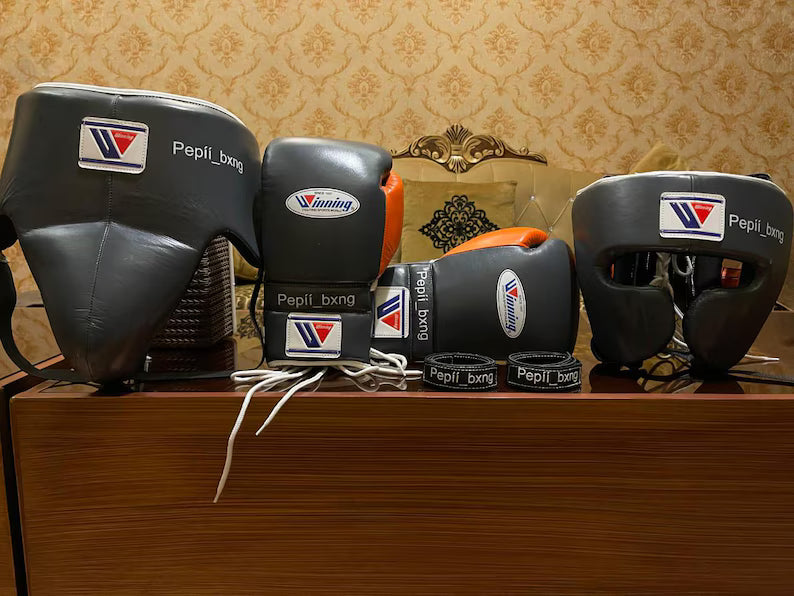 Customizable Winning Grey Boxing set | winning Headguard and Groinguar ...